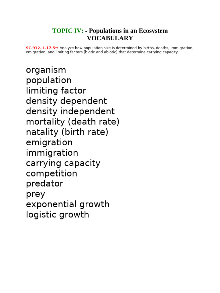 Topic IV Population Dynamic Vocabulary | PDF