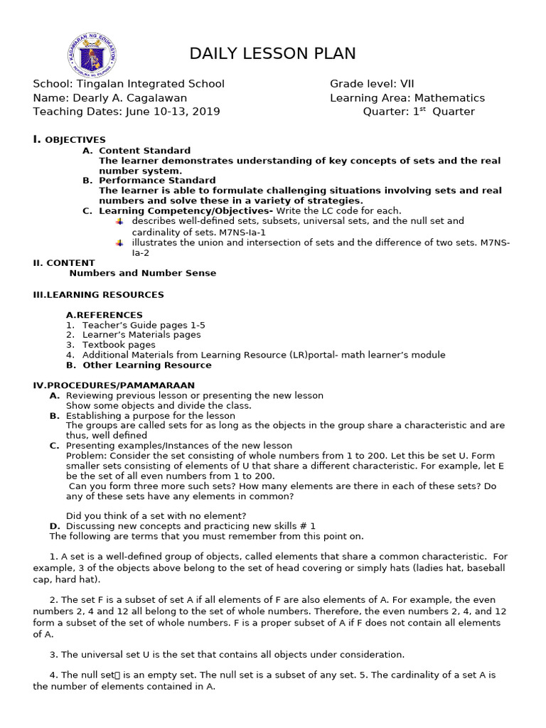 Grade 7 Math Lesson Plans on Sets | PDF | Set (Mathematics) | Learning