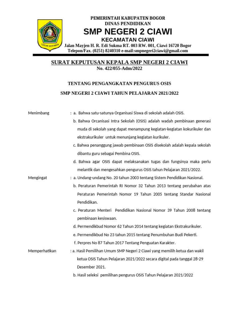 Revisi SK Pengurus OSIS 2022 | PDF