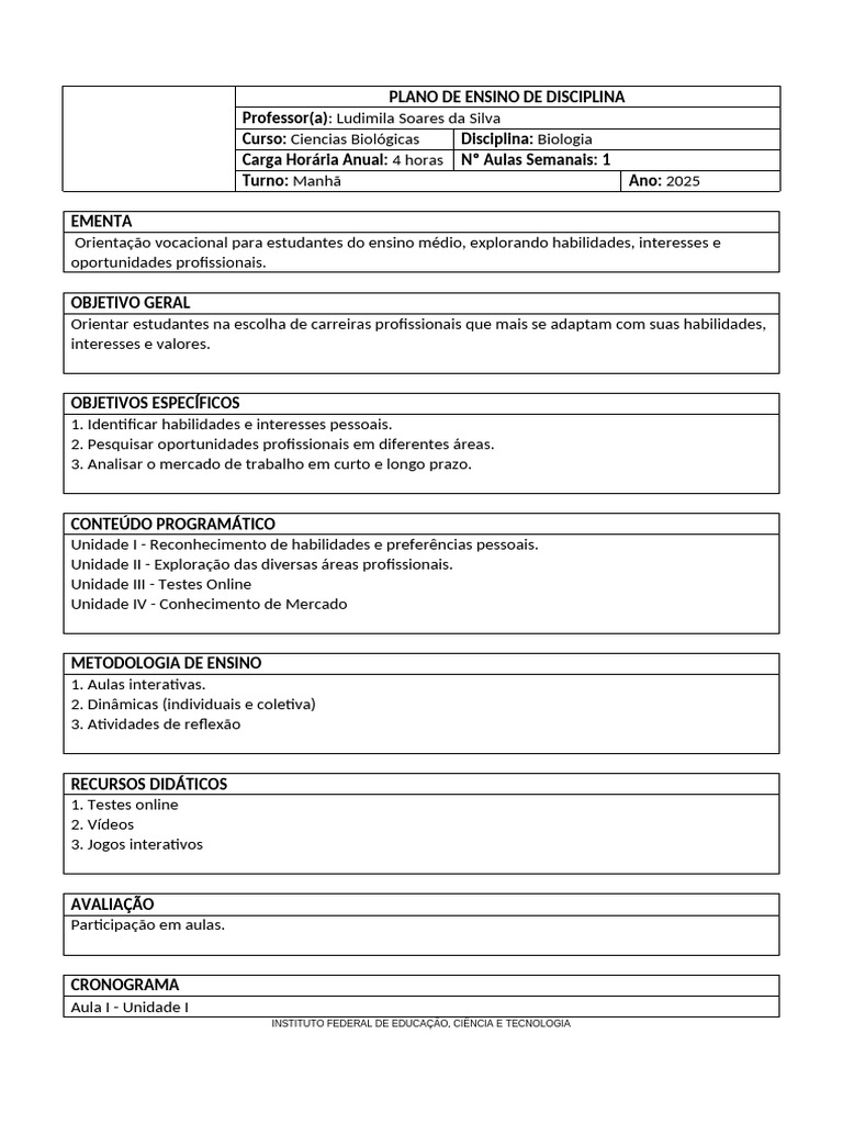 Plano de Ensino Da Disciplina Modelo Em Branco | PDF