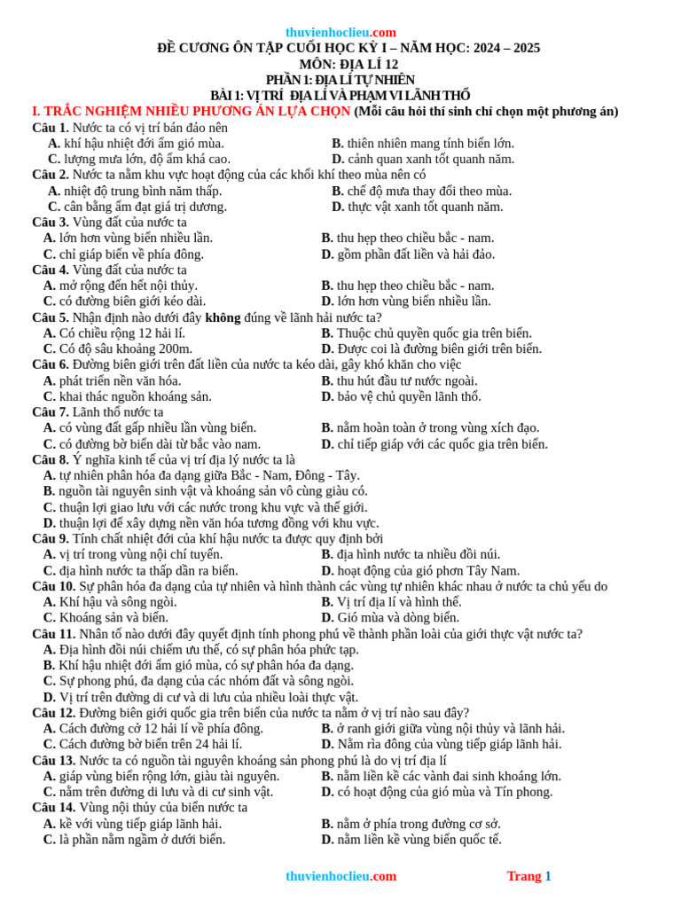 thuvienhoclieu.com-De-cuong-on-tap-HK-1-Dia-Li-12-KNTT-nam-24-25 | PDF