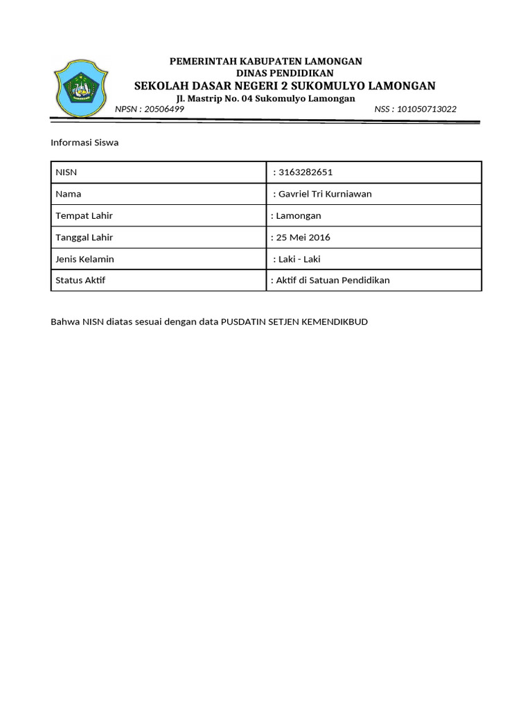 Surat Keterangan NISN | PDF