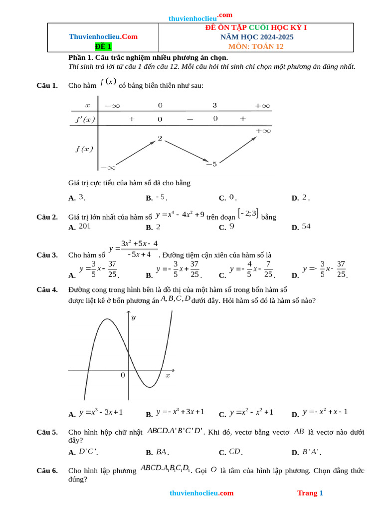 10 de On Tap Cuoi HK1 Toan 12 CTST 24 25 | PDF