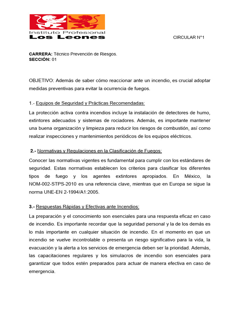 CIRCULAR N°1 INCENDIO Y PLAN DE EMERGENCIA. | PDF | Incendios | Defensa Civil