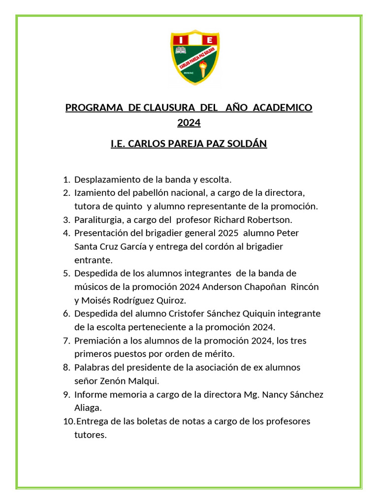 Programa de Clausura Del Año Academico 2024 | PDF