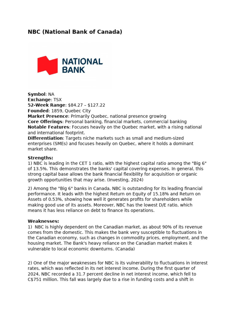 NBC's Financial Strengths & Challenges | PDF | Price–Earnings Ratio | Banks