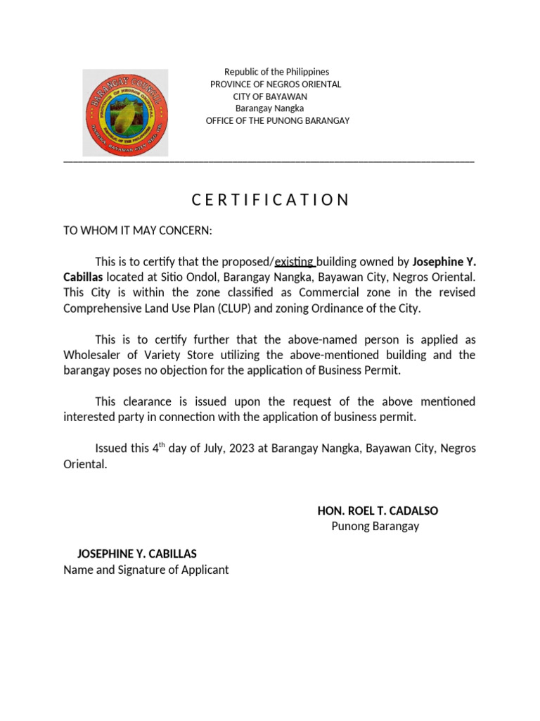 Barangay Business Permit Certification | PDF