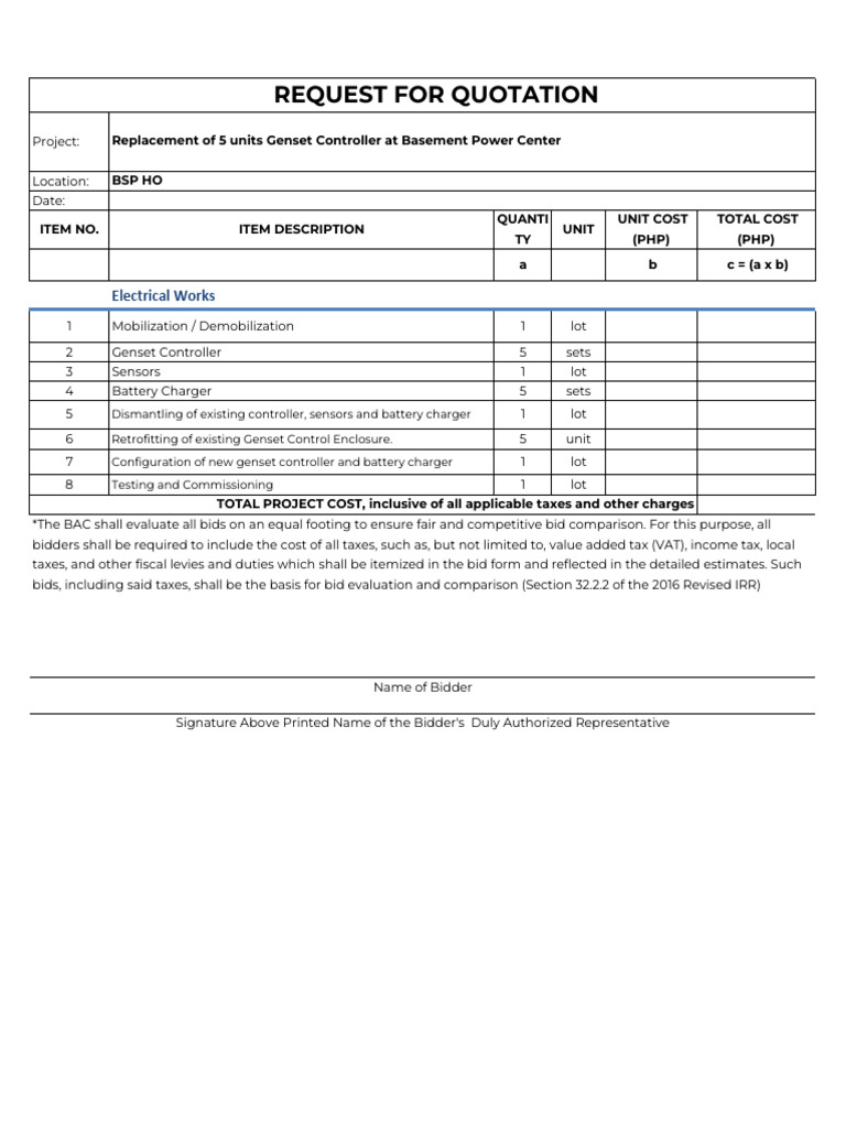 SAMPLE RFQ Genset Control | PDF