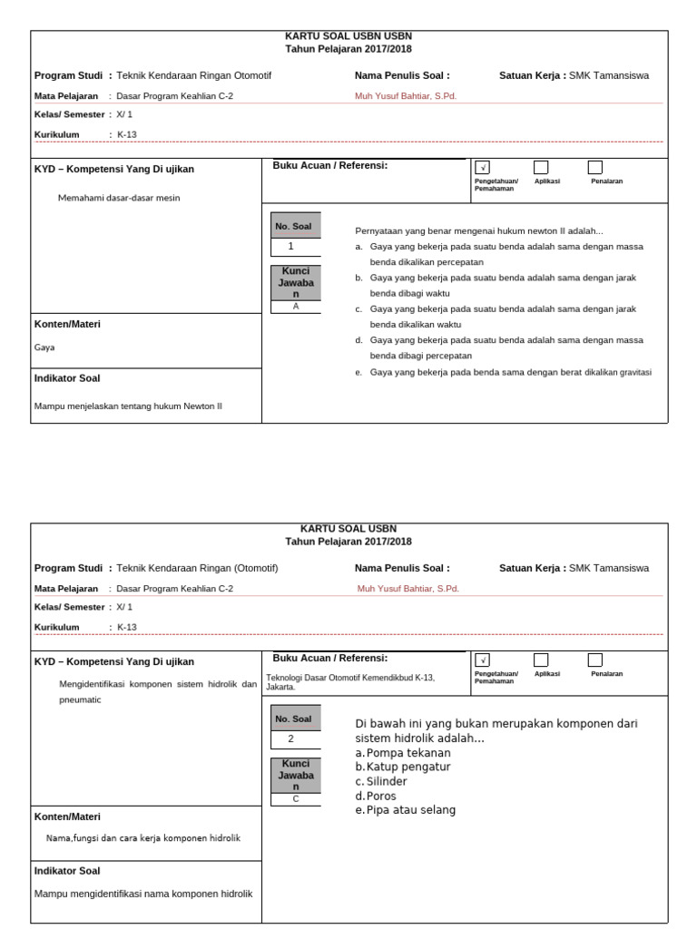 Kartu Soal Usbn TKR C-2 | PDF