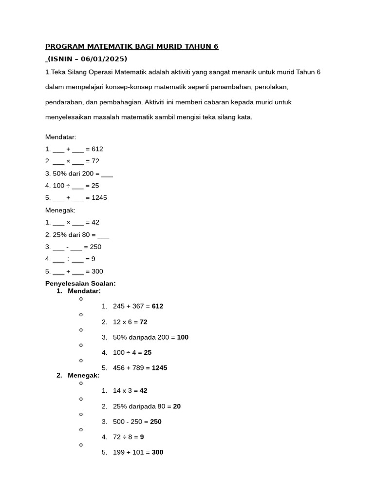 PROGRAM MATEMATIK BAGI MURID TAHUN 6 | PDF