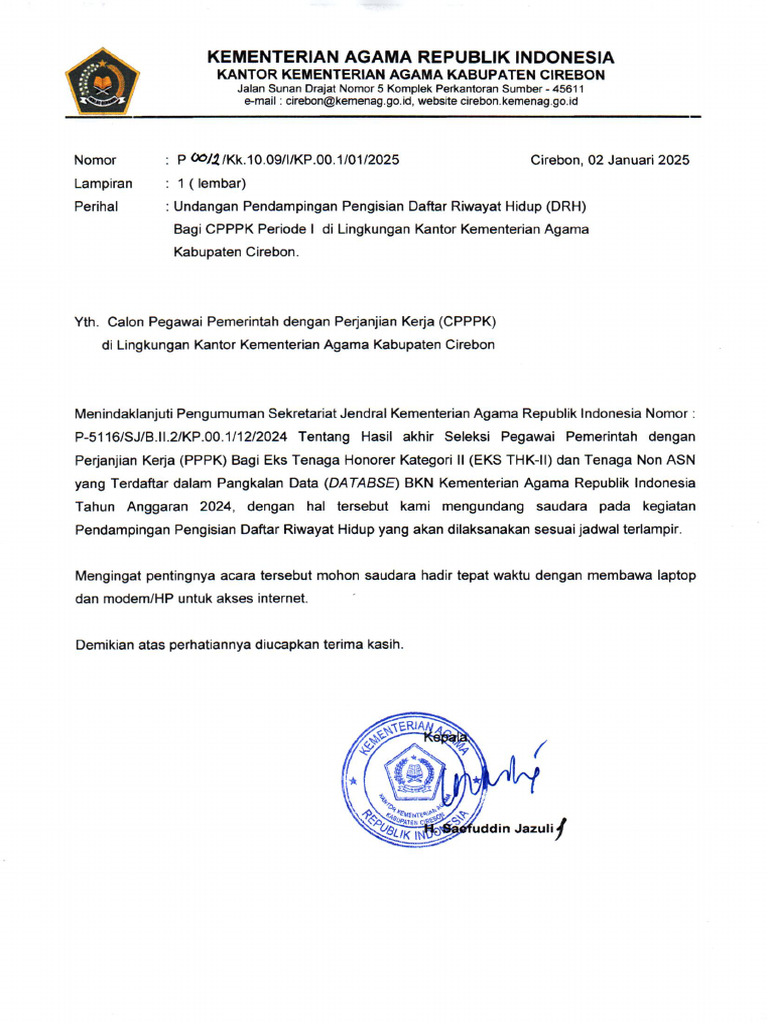 Undangan Peserta Pendampingan DRH CPPPK Tahap I | PDF