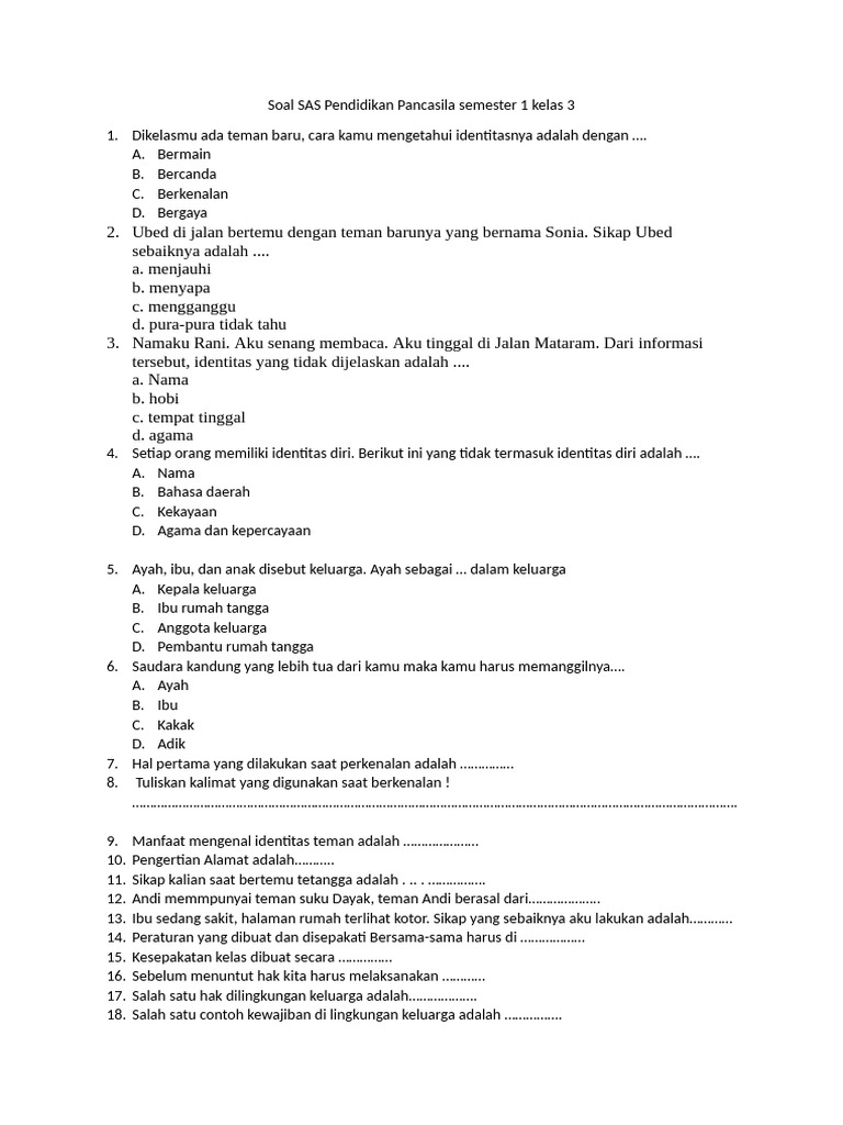 Soal SAS Pendidikan Pancasila Semester 1 Kelas 3 | PDF