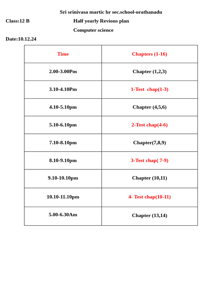 Half Yearly Rivision Plan | PDF