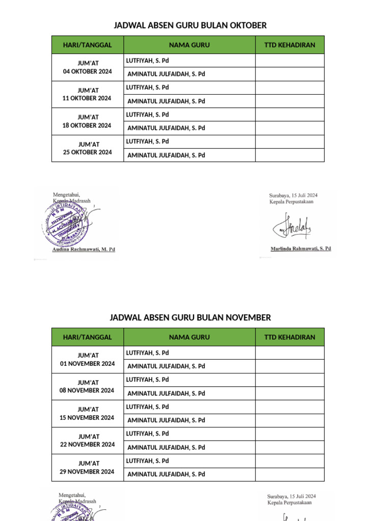 Jadwal Absen Guru 2024-2025 | PDF