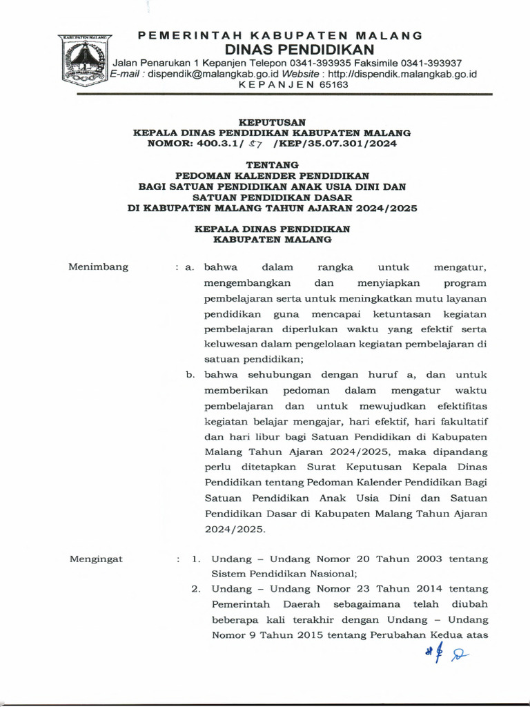 SK Kepala Dinas - Pedoman Kaldik SD TA 2425 | PDF