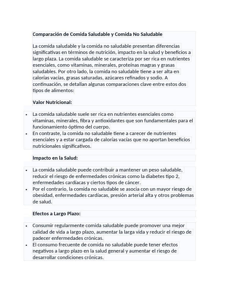 Comparación de Comida Saludable y Comida No Saludable | PDF