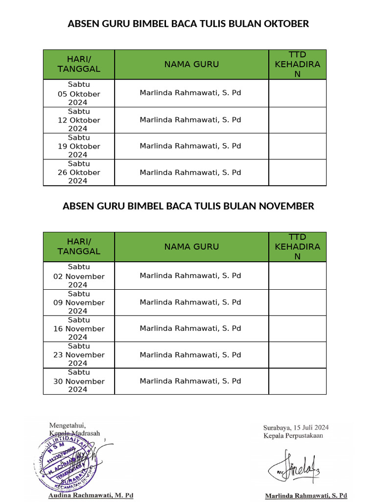 Absen Guru Bimbel Baca Tulis 2024-2025 | PDF