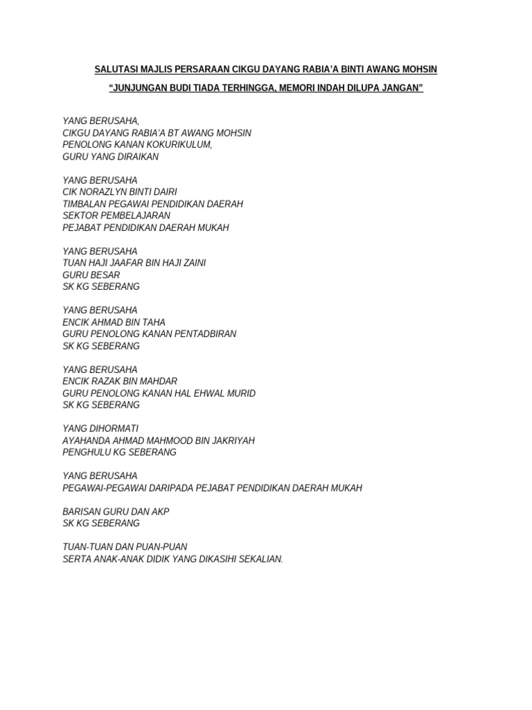 Salutasi Majlis Persaraan Cikgu Dayang Rabia | PDF