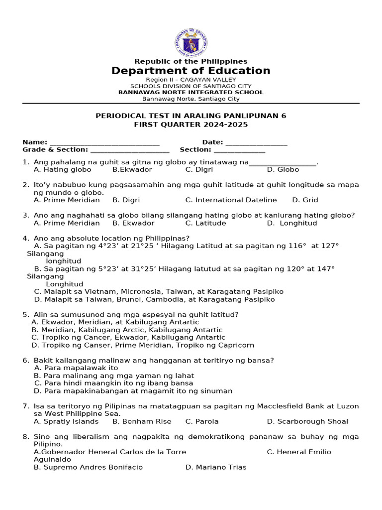 1st Periodical Test - AP 8 | PDF