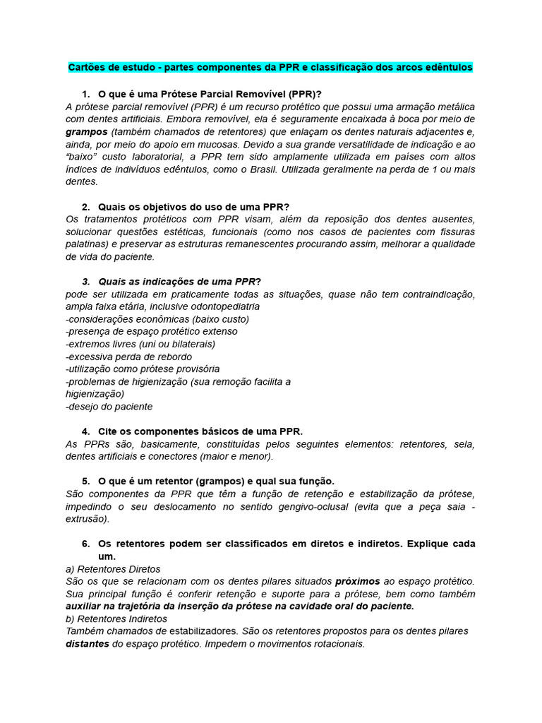 Cartões de estudo - partes componentes da PPR e classificação dos arcos ...