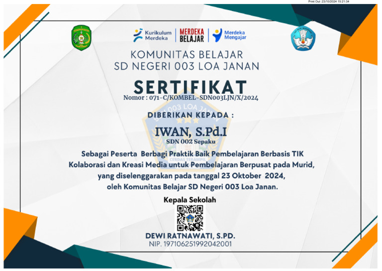 Sertifikat Berbagi Praktek Baik IWAN, S.Pd.I | PDF
