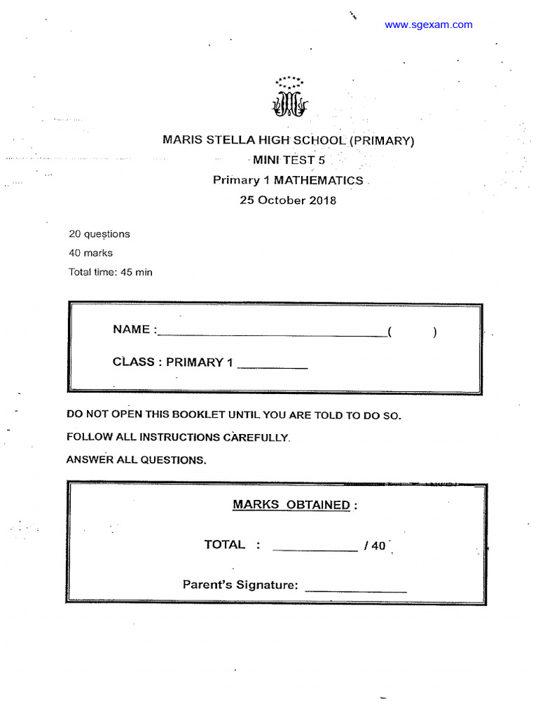 Primary 1 Maths Mini Tests Answers | PDF