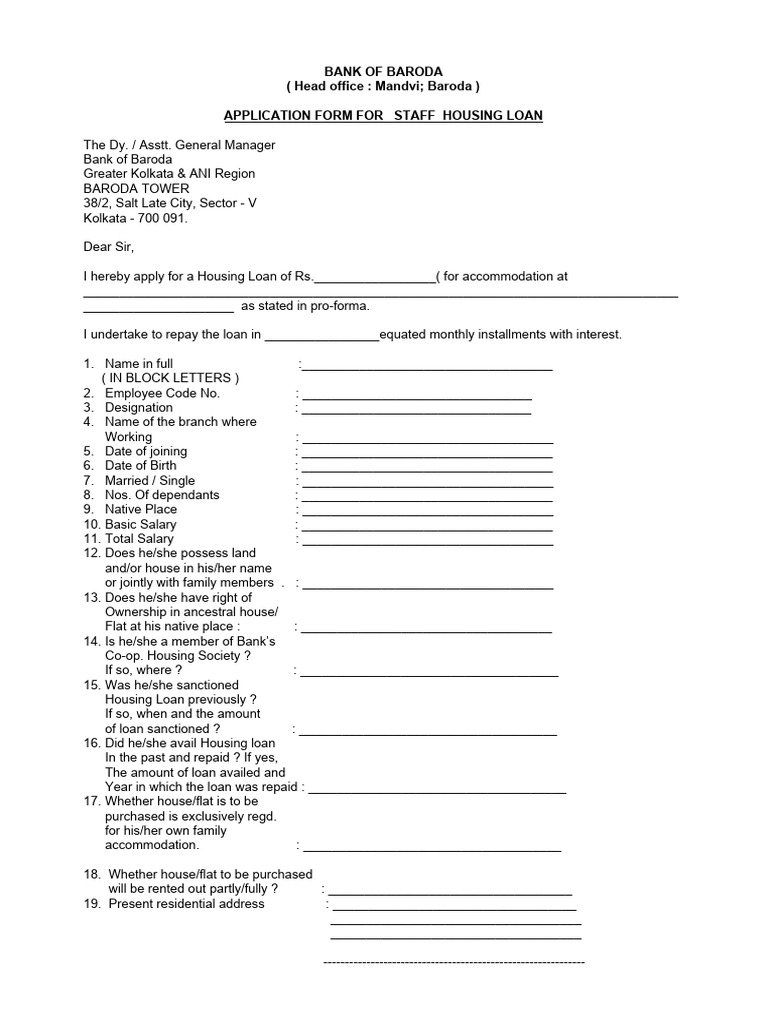 Bank of Baroda Staff Housing Loan Form | PDF | Loans | Mortgages