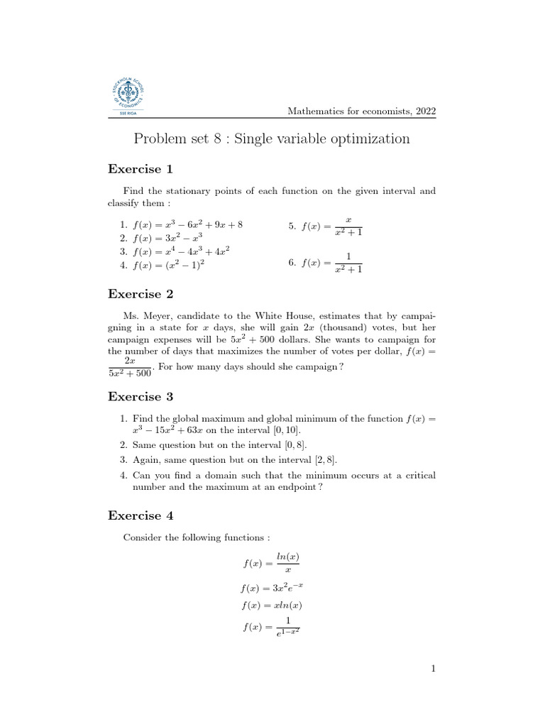 Mathematics for economics. Problem set 8 | PDF | Mathematical Optimization | Mathematical Relations