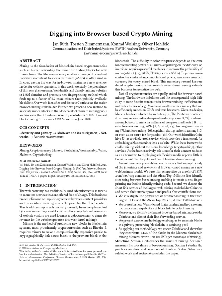 2018 - Digging Into Browser-Based Crypto Mining - Rüth Et Al | PDF | Cryptocurrency | Computing