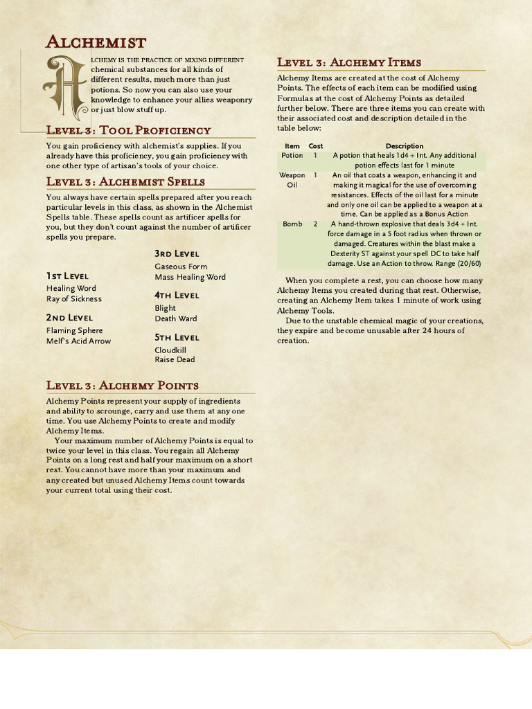 Alchemist Class Features Overview | PDF | Alchemy | Bomb
