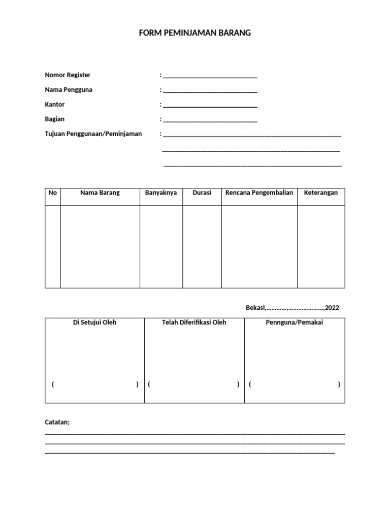 Form Peminjaman Barang Excel | PDF