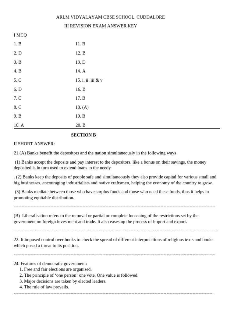 ARLM VIDYALAYAM CBSE SCHOOL III Revision Answer Key | PDF | Loans | Credit