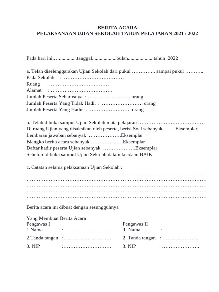 Berita Acara Ujian Sekolah 2022 | PDF