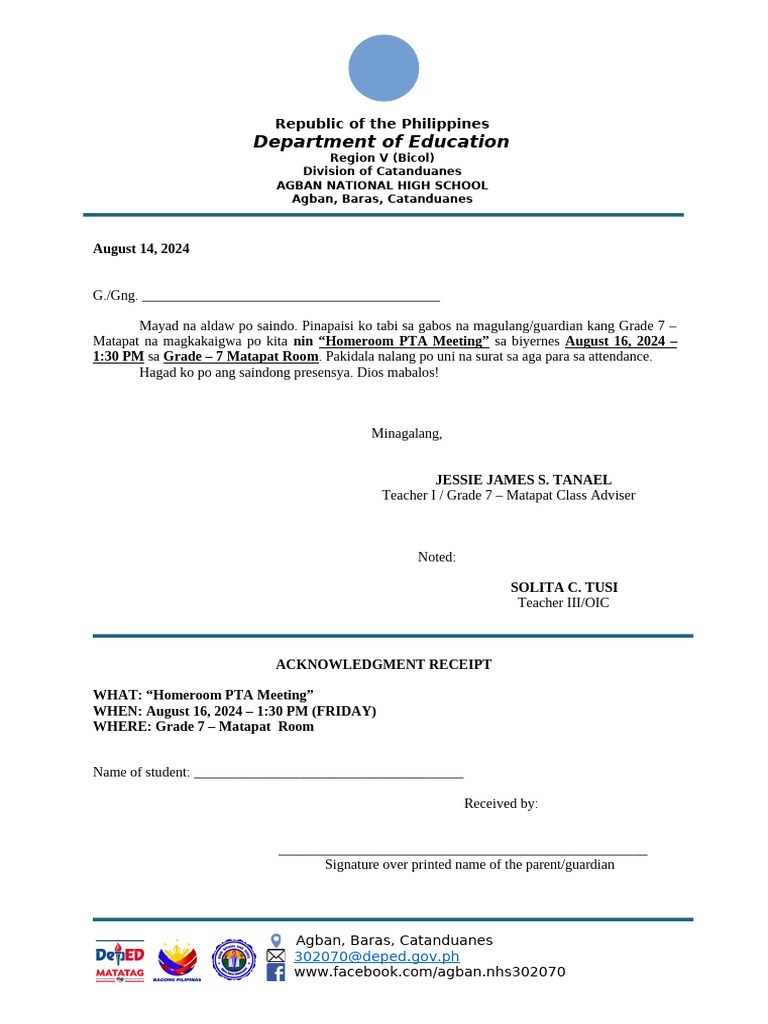 Communication Letter To Parents For SPTA Meeting - 1 | PDF