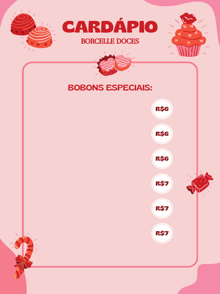 Cardápio A4 para Imprimir Doces Doceria Bombons Rosa Vermelho Ilustrado ...