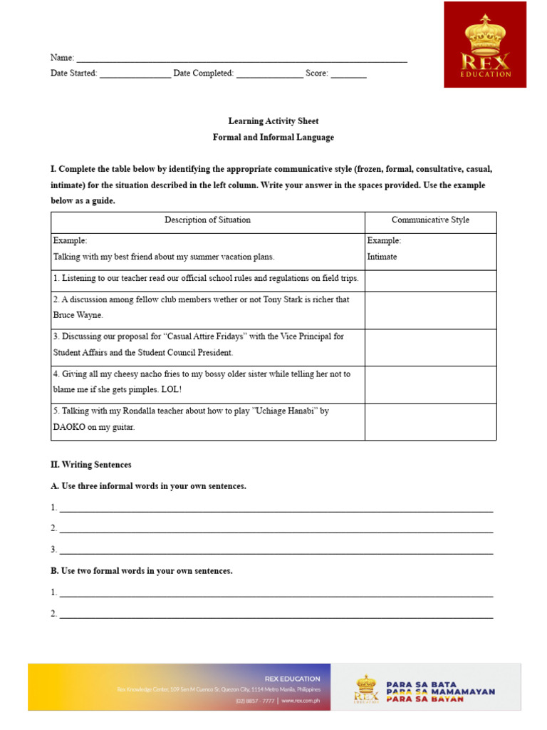 Learning Activity Sheet Formal and Informal Language | PDF