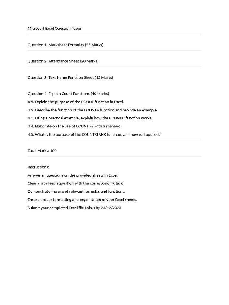 Microsoft Excel Question Paper | PDF