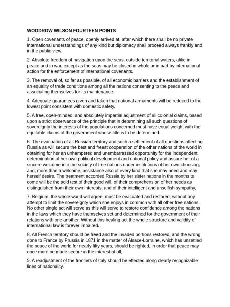 Woodrow Wilson's Fourteen Points Explained | PDF | Communism | Polarity ...