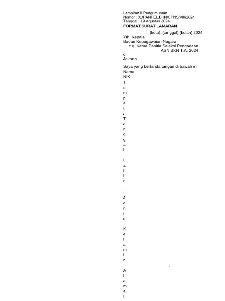 Format Surat Lamaran CPNS 2024 | PDF