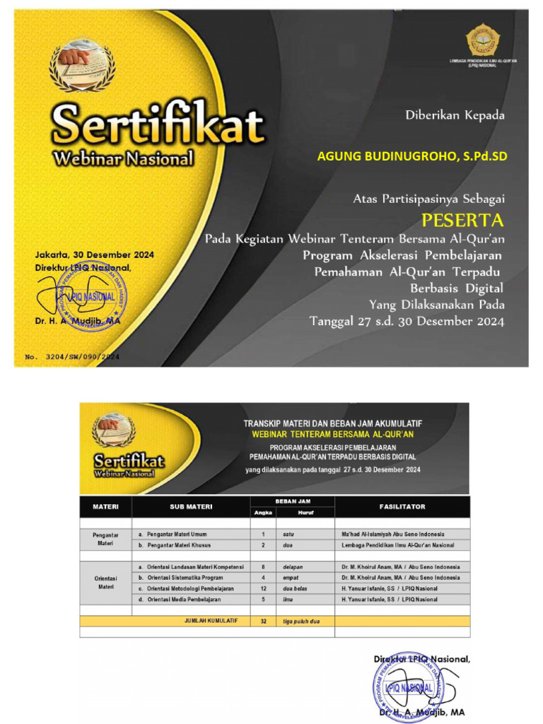 Sertifikat Webinar Tenteram Bersama Al-Qur'an | PDF