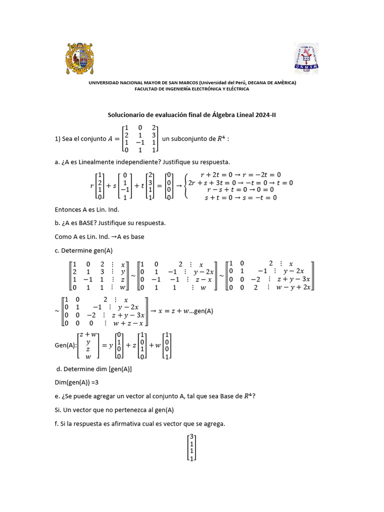 Solucionario Final de ALGLIN 2024-II | PDF | Mapa lineal | Física Matemática