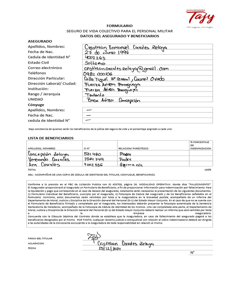 Formulario de Seguro de Vida Militar | PDF | Seguro de vida | Seguro
