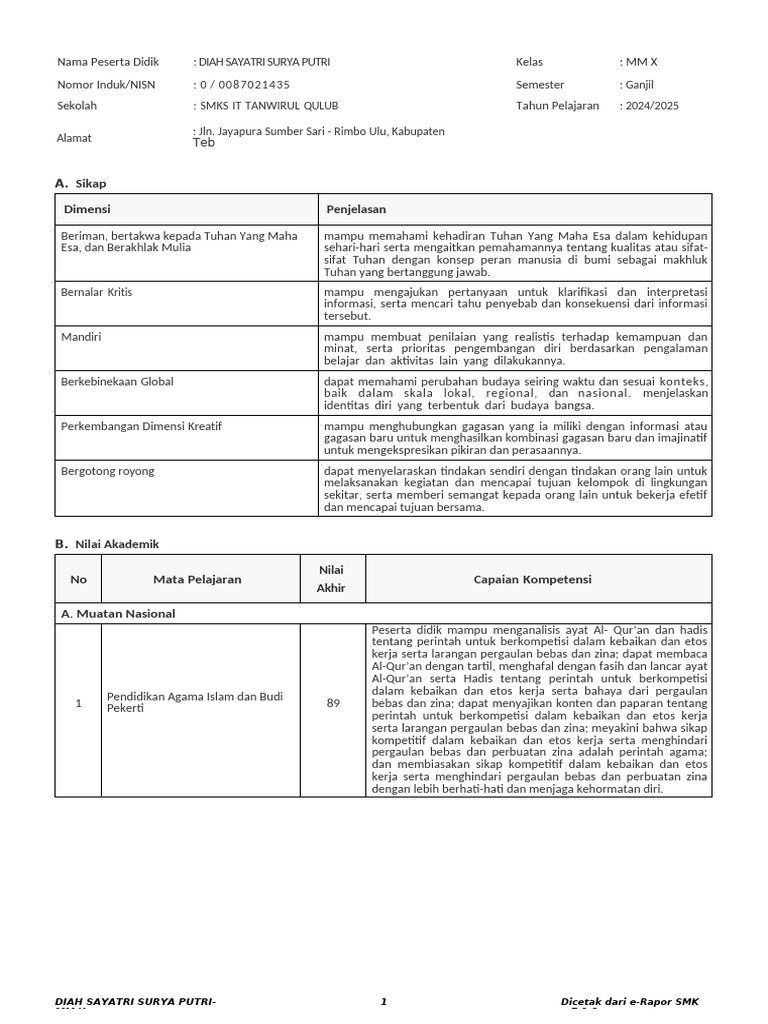Rapor Diah Sayatri Surya Putri - MM X | PDF