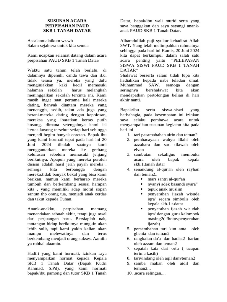 Teks MC Perpisahan Paud | PDF