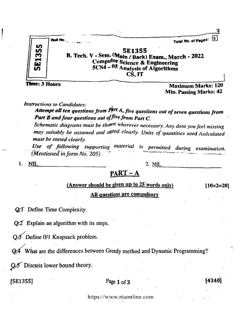 Btech Cs It 5 Sem Analysis of Algorithms 5e1355 Mar 2022 | PDF