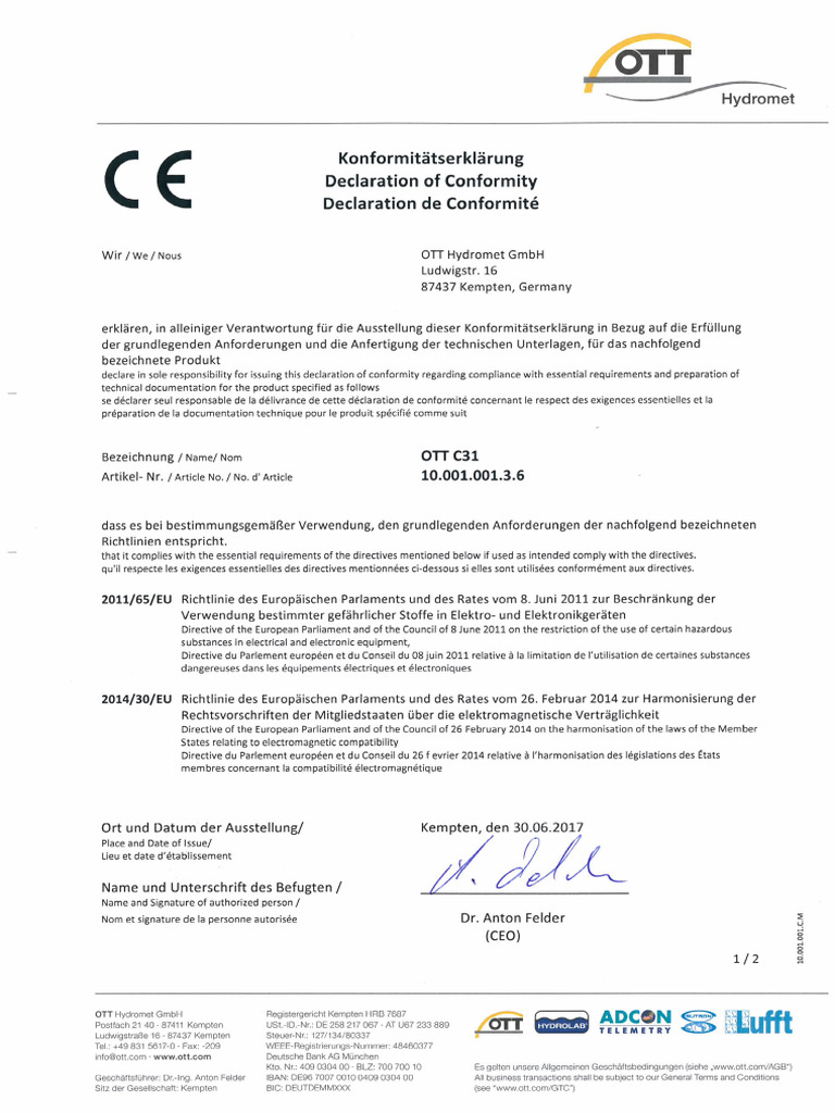 OTT C31 Declaration of Conformity | PDF