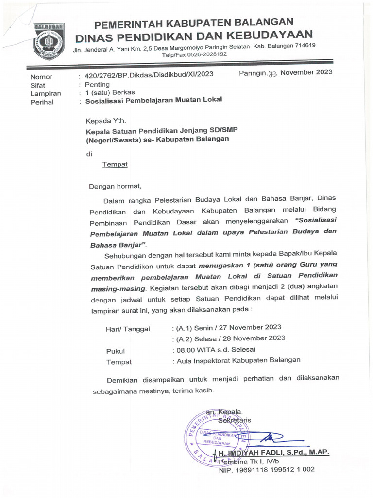 Surat Undangan Sosialisasi Pembelajaran Muatan Lokal | PDF