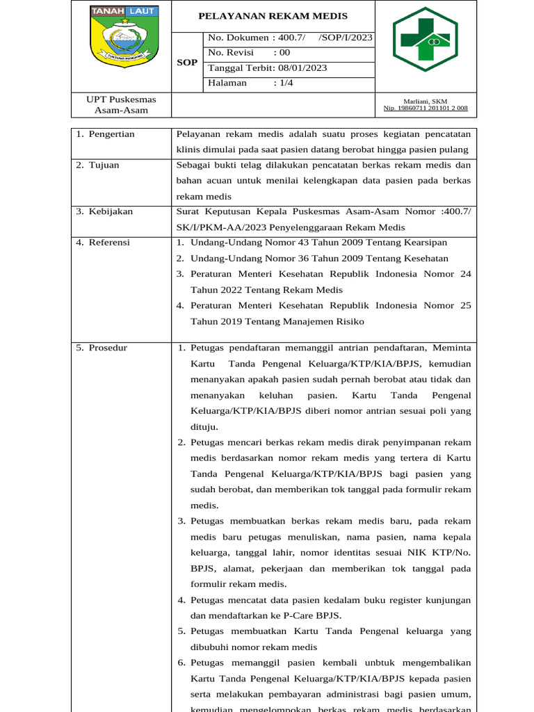SOP Pelayanan Rekam Medis | PDF
