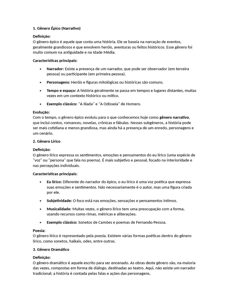 Gêneros Literários: Épico, Lírico e Dramático | PDF | Poesia