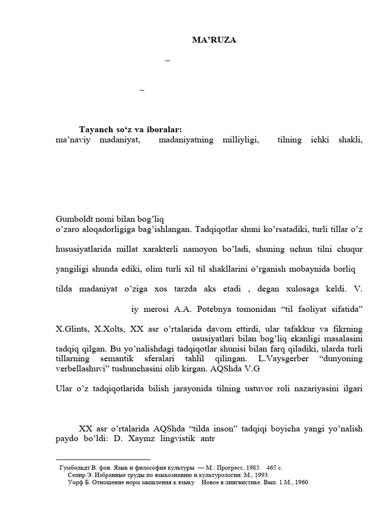 7-Ma'Ruza Lingvokulturema - Lingvokulturologiyaning Asosiy Tushunchasi Reja | PDF